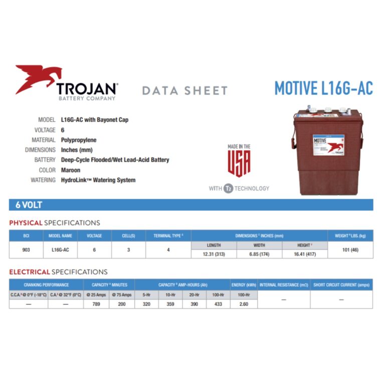 Batería Trojan 6V 390A L16G-AC Ciclo Profundo USA - Yemin